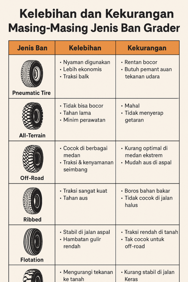Kelebihan dan Kekurangan Masing-Masing Jenis Ban pada Grader